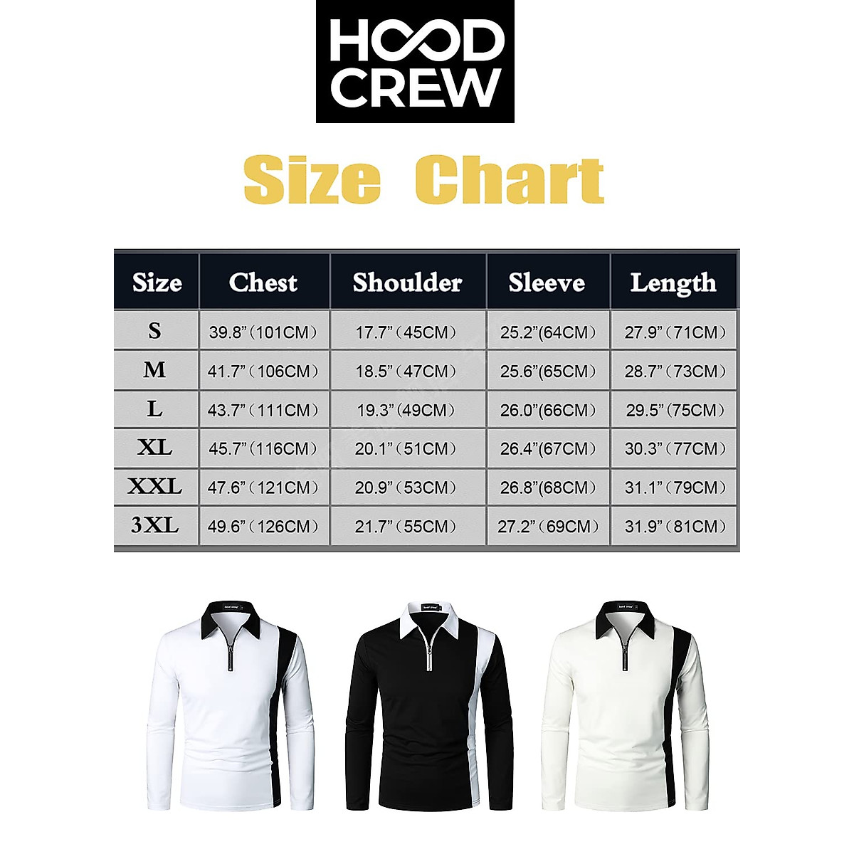 HOOD CREW Mens Long Sleeve Polo Shirts Fashion Color Block Zipper T shirts Yellow 3XL