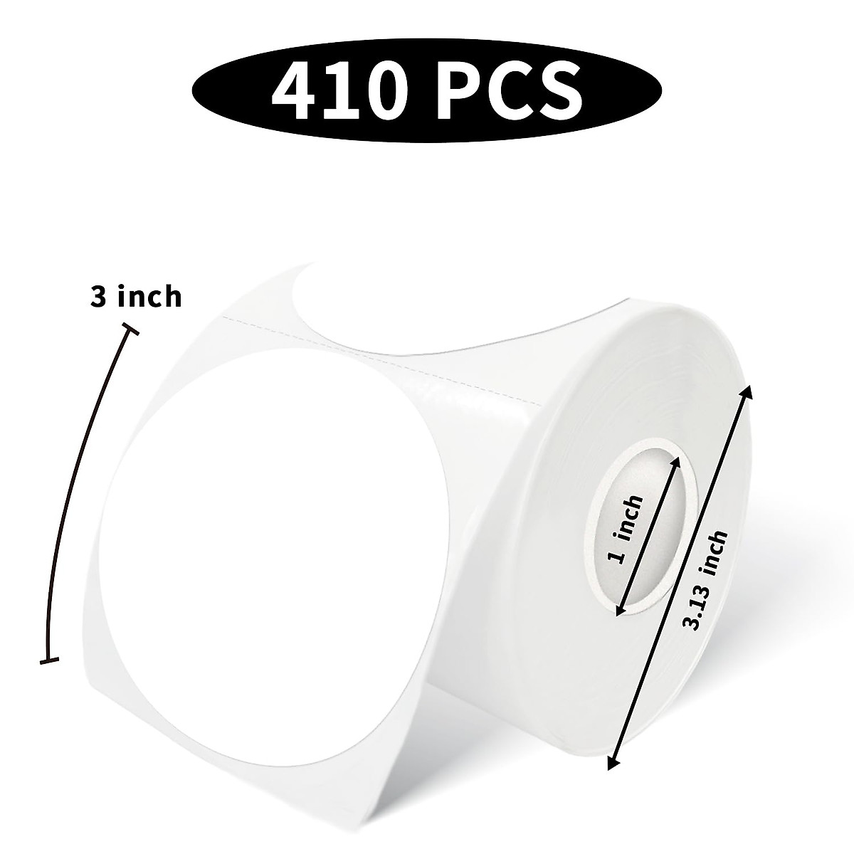 Yeachlaing 3 Inch White Round Thermal Sticker Labels, Self-Adhesive Circle Direct Thermal Labels, Multi-Purpose Roll Sticker Labels for DIY Logo Design, QR Code, Name Tag（ 410 Labels,1 Roll）