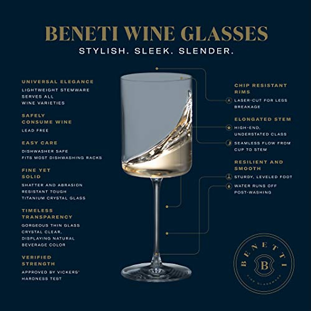 BENETI Large Square Wine Glass Set of 4-14 oz European-Made Hand Blown Glass White Wine Goblets w/Laser-Cut Rim, Dishwasher-Safe Crystal Clear Red Wine Glass Gift Set