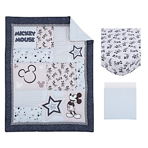 Disney Mickey Mouse - Timeless Mickey Blue, Gray, and White Stars and Icons 3 Piece Nursery Crib Bedding Set - Comforter, Fitted Crib Sheet, and Crib Skirt