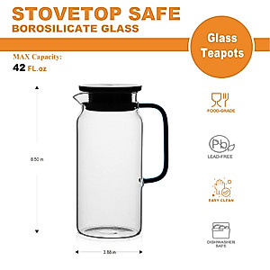 LUXU 42oz Glass Pitcher Set,Contain a 42oz Glass Pitcher and 4 coffee mugs with Dark Green Handle,Premium Kettle set for Daily Use,Pretty Teapot Idea For Tea Lovers