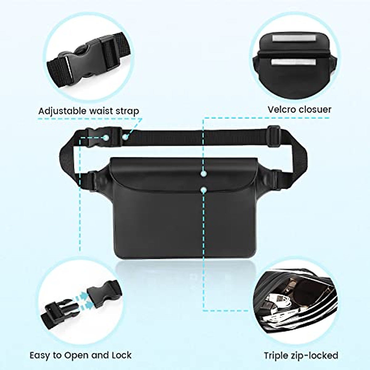 VEGO [2 Pack] Waterproof Pouch with Adjustable Waist Strap, Universal Floating Waterproof Phone Pouch for iPhone 13 12 11 Pro XR Xs 8 7 Galaxy S22 S21 S10 Note 10 up to 7" - Black+Black