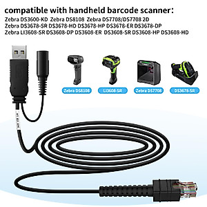 WUHAO USB Cable for Zebra DS3678-SR DS3678-DP LI3608 LI3678 DS3600 DS3608 DS8108 Barcode Scanner,CBA-U42-S07PAR USB Cable USB-A to RJ-45 3M/9.8FT Straight 12V (1)