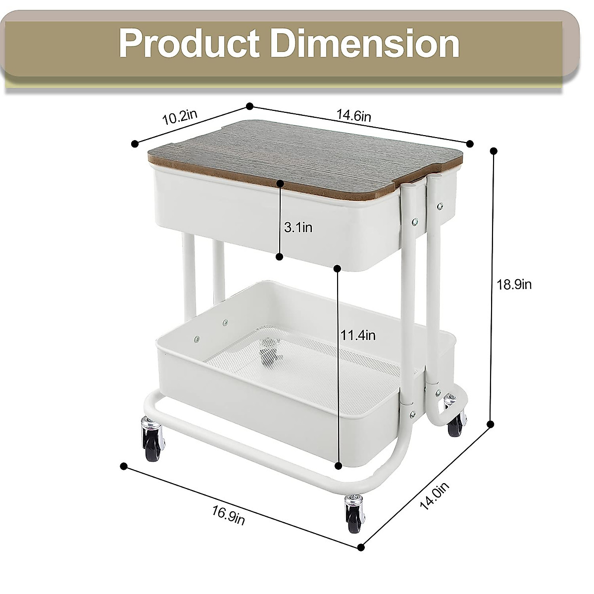 2 Tier Metal Utility Rolling Cart Storage Organizer with Cover Board, Mobile Trolley Sofa Side Table with Wheels for Office Home Kitchen Organization, White