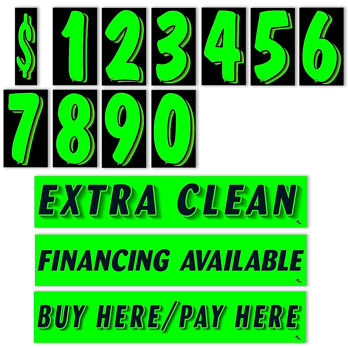VERSA-TAGS 7.5" Black/Green Vinyl Number 11 Dozen Set Windshield Pricing & 1 Pack of Each of Extra Clean, Financing Available, Buy Here Pay Here 14.5" x 2.75" Sticker Windshield Auto Dealership