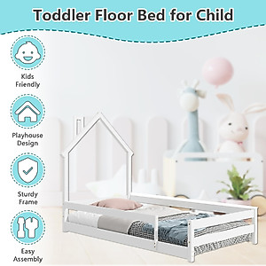 Dolonm Twin Size Montessori Toddler Floor Bed Frame, Modern House-Shaped Frame Headboard Bed with Fences, Pine Wood with Full-Length Guardrails, Bed for Girls Boys(Without Slats), White