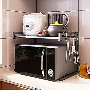 JF-XUAN Kitchen Shelf Kitchen Counter Holder 2-Tier Microwave Oven Rack Expandable Stainless Steel Microwave Shelf Kitchen Counter Shelf (Color : Black, Size : 65X36X42CM)