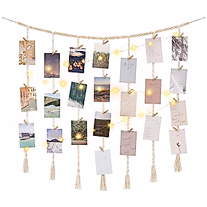 Mkono Macrame Hanging Photo Display Wall Decor with String Lights Boho Wooden Beads Garland Collage Picture Frame Holder with 45 Clips for Bedroom, Living Room, Nursery Dorm, Teenage Teen Girl Gifts