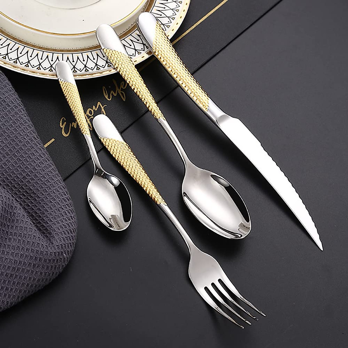 Gold Hammered Silverware Set for 6 Modern Cutlery Utensils 18/10 Stainless Steel Flatware Set 24 Piece Include Knives Forks and Spoons Tableware Set for Home Kitchen Wedding Restaurant Party (Color :