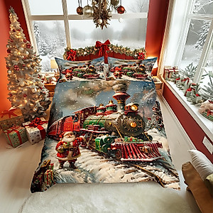 Retro Train Kids Duvet Cover Set Full Size,Snowflake Merry Christmas Santa Claus Bedding Set,Girls Boys Women Room Decor,Choochoo Steam Locomotive Country Quilt Cover,2 Pillowcases(No Comforter)