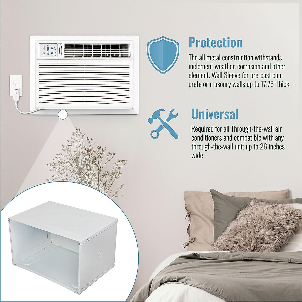 Keystone 26 In. Metal Wall Sleeve for Wall Mounted AC Unit Installation, Compatible with Wall Units up to 26-Inches Wide, Protects and Secures Wall Air Conditioners from Bugs, Dust, and Debris