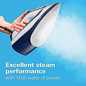 Hamilton Beach Iron & Steamer for Clothes with Smooth Press Stainless Steel Soleplate, 3-Way Auto Shutoff, 1500 Watts for High-Velocity Steam, 10’ Cord, Leak-Proof Anti-Drip, White (14650)