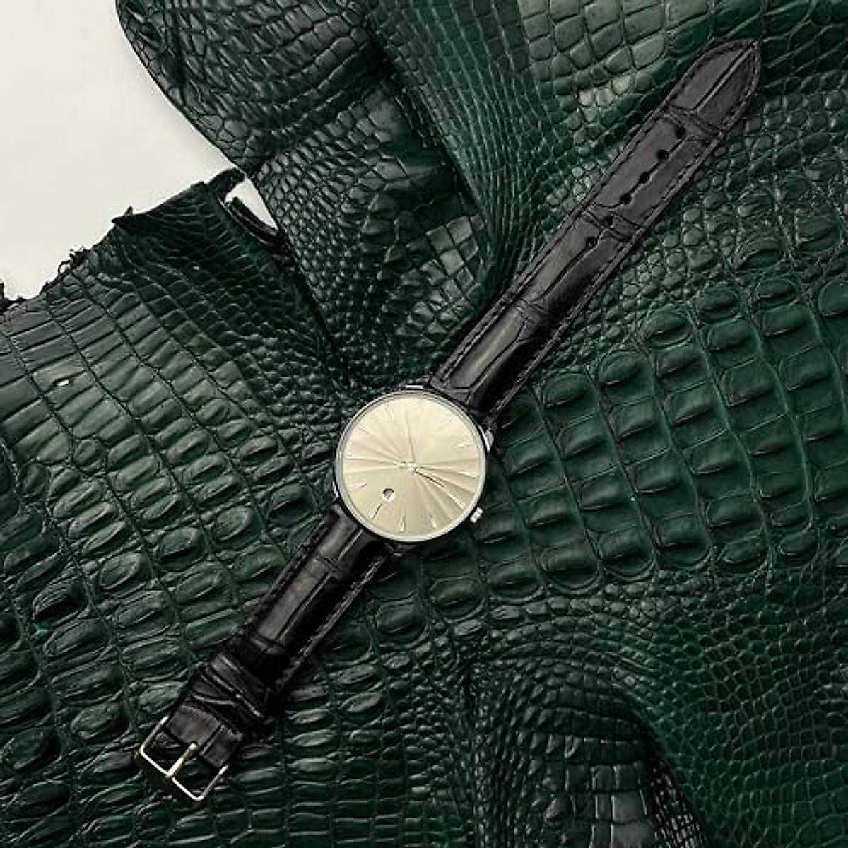vinacreations 18mm Black Alligator Belly Leather Watch Band Crocodile Strap Men Quick Release Premium Replacement Wristwatch Band Buckle Handmade by Vietnamese DH-01-18MM