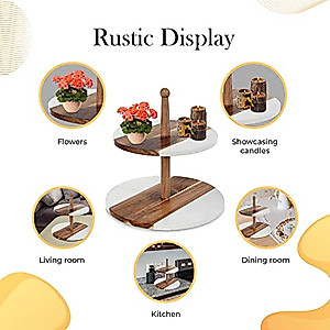 BALIN DESIGNS Two Tiered Serving Tray, White Round Acacia Wood Tiered Tray, 2 Tier Serving Stand for Kitchen Counter Decor, Round Wooden Trays for Home Decor - White Marble