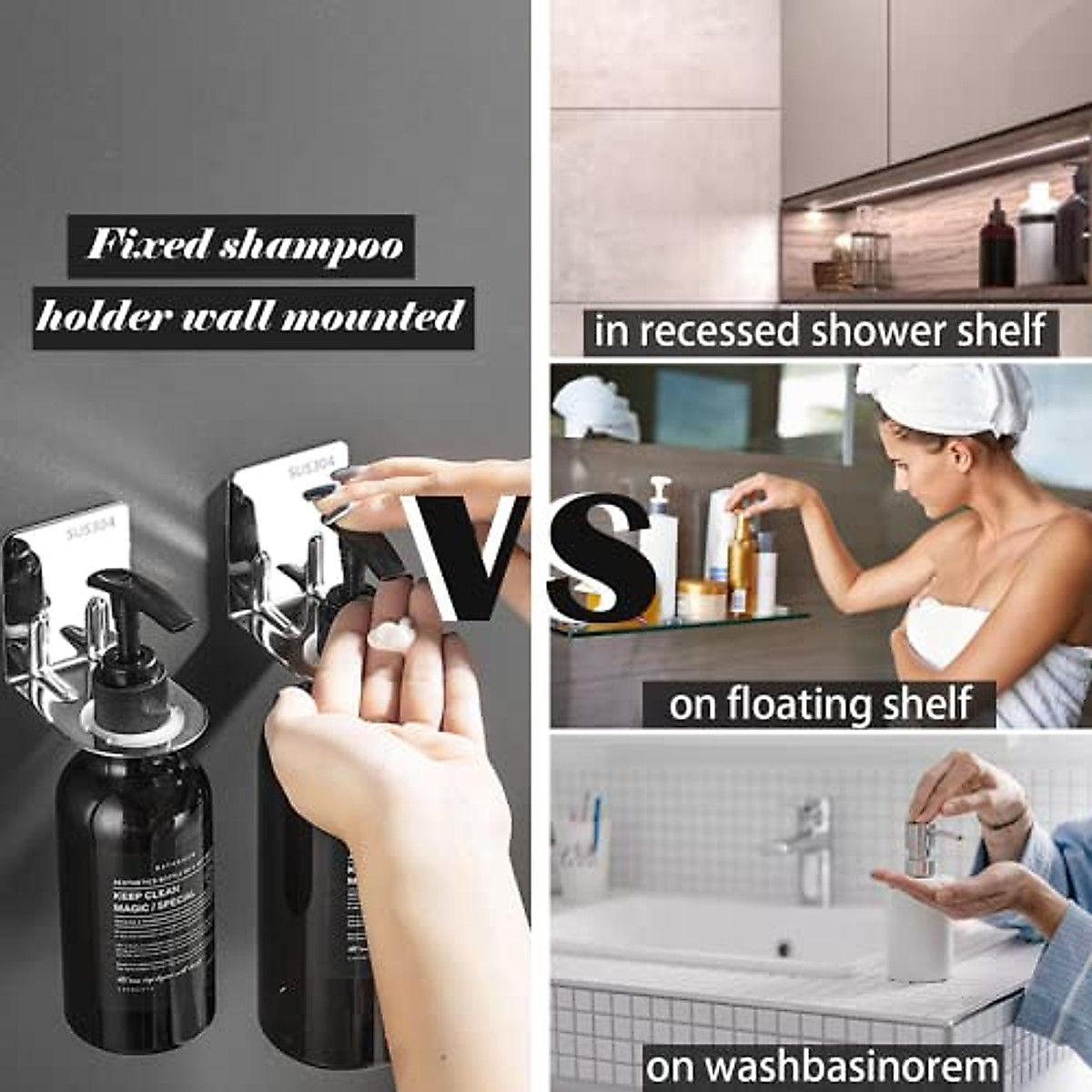 Shampoo Holder for Shower, L Shaped Bottle Rack Wall Mounted Drilling with Nails, Rustproof SUS304 Bathroom Organizer Hooks for Kitchen Bathroom Toilet Balcony Garden Support up to 10 LB (3), Silver