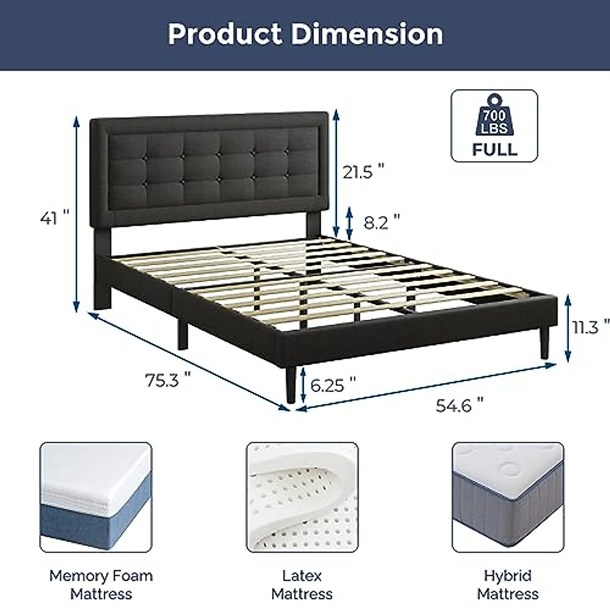 IULULU Full Bed Frame, Upholstered Platform Bed Frame with Linen Fabric Headboard, Full Size Mattress Foundation with Wooden Slats Support, Easy Assembly, No Box Spring Needed, Dark Grey