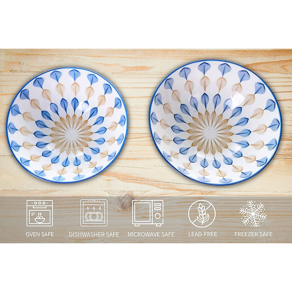 Braque Ceramic Japanese Ramen Bowl, Set of 2, 28.7oz Porcelain Bowls with Spoons – for Ramen, Pho, Udon, Soup, Salad – Asian Rustic Design, Chip Resistant, High Grade Lead & BPA Free - Leafage Echo