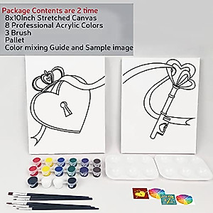 2 Pack Paint and Sip Canvas Painting Kit Pre Drawn Canvas for Painting for adults Stretched Canvas Couples Games Date Night Lock Key Paint Party Supplies Favor (8x10)