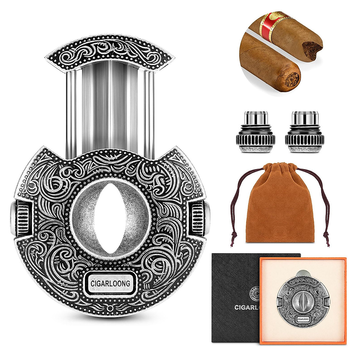CIGARLOONG Cigar Punch Cutter Bronze Engrave Double Size Drill Cigar Hole Cutter(Silver1)