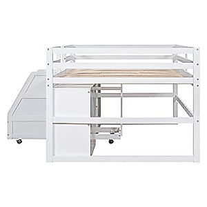 MOEO Full Size Functional Loft Bed with Cabinet, 3 Drawers and Hanging Clothes at The Back of The Staircase, Wooden Bedframe w/Movable Wheels, Maximum Space Design for Kids Bedroom, White