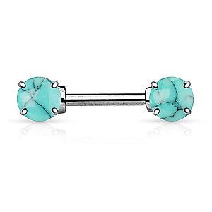 Pair of Semi Precious Stone Prong Set Surgical Steel Nipple Rings Barbells 14G - Turquoise
