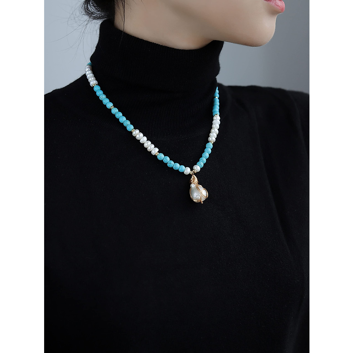 Cowlyn Baroque Pearl Pendant Necklace Turquoise Chain 18K Gold Plated Wire Winding Handmade Bohemian Style Adjustable Charm Fashion Valentine Jewelry for Women Mom
