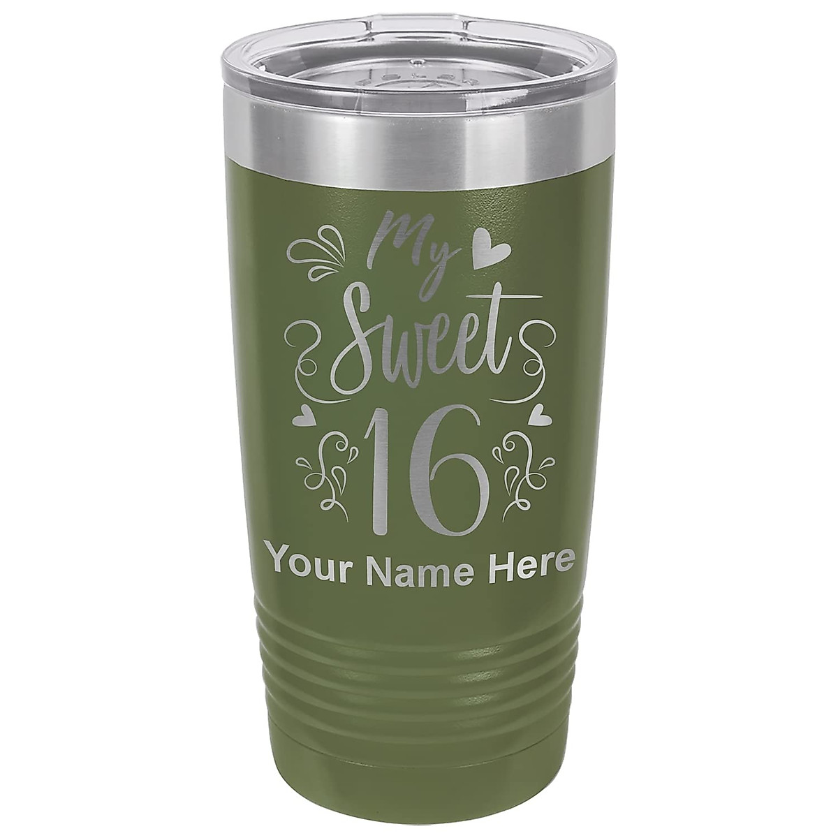 LaserGram 20oz Vacuum Insulated Tumbler Mug, My Sweet 16, Personalized Engraving Included (Camo Green)