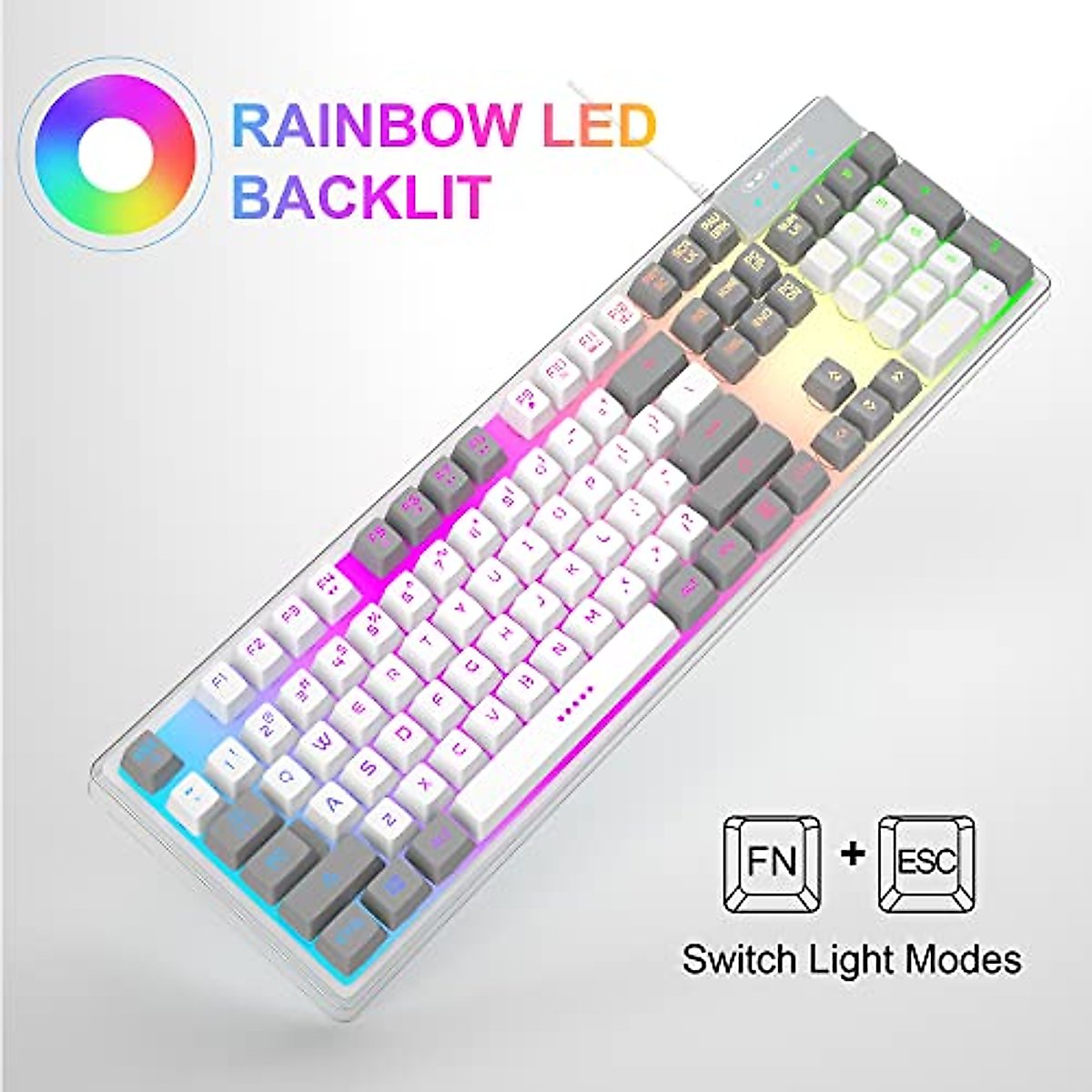 MageGee Gaming Keyboard and Mouse Combo, K1 LED Rainbow Backlit Keyboard with 104 Key Computer PC Gaming Keyboard for PC/Laptop(Gray & White)