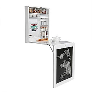 Tangkula Wall Mounted Desk, Floating Desk with Chalkboard, Space Saving Fold Up Desk Wall Mount Convertible Desk, Multi-Function Wall Mounted Table with Storage Shelves & Hooks（No Assembly Required）