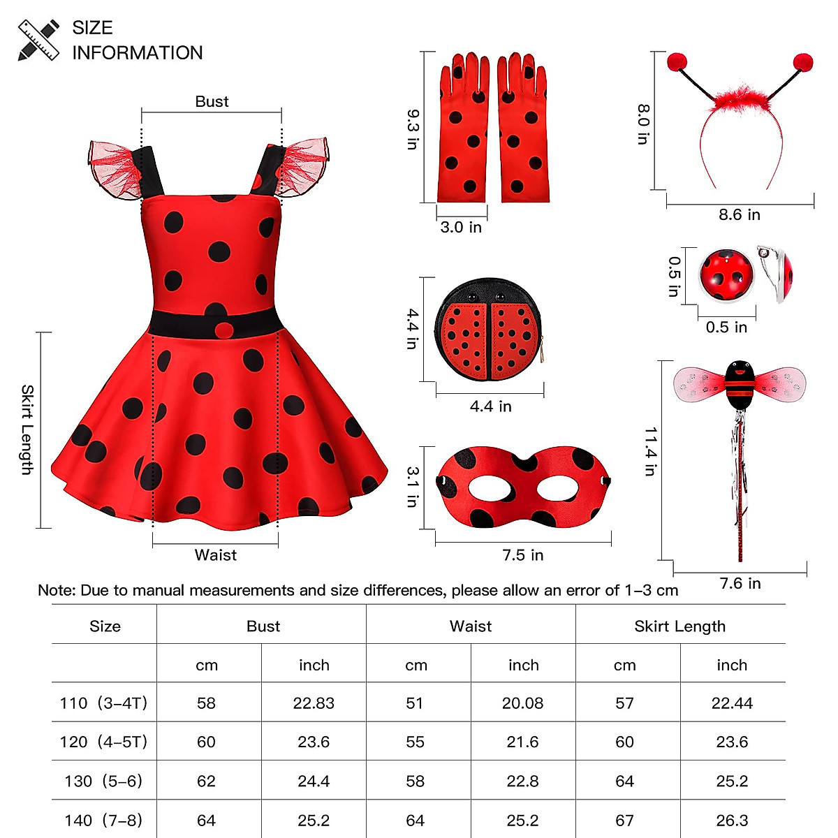 Ladybug Dress Costume for Girls with Polka Dots Tutu Dress Halloween Birthday Dress Up Pretend Play for Kids 3-8 (7-8)