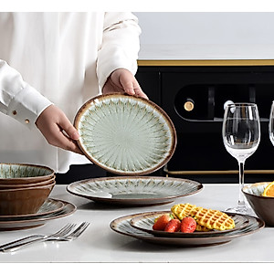 Gufaith Melamine Dinnerware Sets for 4,12 Pcs Party Plates and Bowls Sets,Outdoor Use Harvest Dinner Dishes Set,Great for RVs Camping,Lightweight Unbreakable,Dishwasher Safe,Sage Green