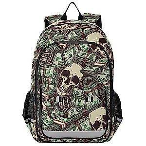 senya Backpack for Boys Girls, Vintage Money Skull Skeleton Backpack Students Bookbag Daypack for School Primary Teens