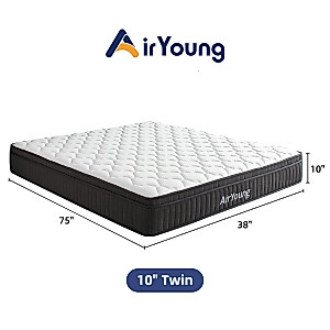AirYoung 10 inch Twin Mattress, Memory Foam Hybird Pocket Coil Twin Mattress, Zero Pressure Deep Sleep, Motion Isolation Pressure Relief Strong Edge Support, Plush Feel, with CertiPUR-US Certified