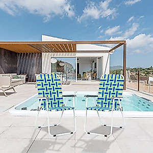 Webbed Lawn Chairs Folding Aluminum Set of 2, Patio Lawn Chairs for Adults,Outdoor Beach Chair, PP Braided Belt Steel Pipe,Portable Camping Chair for Yard, Garden, Support 265 Lbs (Blue&Yellow)