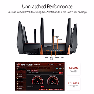ASUS ROG Rapture WiFi Gaming Router (GT-AC5300) - Tri Band Gigabit Wireless Router, Quad-Core CPU, WTFast Game Accelerator, 8 GB Ports, AiMesh Compatible, Included Lifetime Internet Security