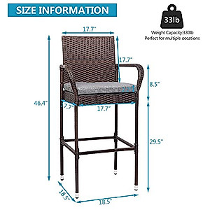 VINGLI Wicker Outdoor Bar Stools Set of 2 with Cushions, Patio Bar Chairs Bar Height, Outdoor Chair Set for Garden Pool Lawn Backyard