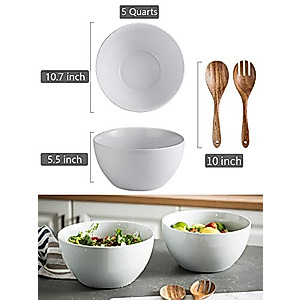 LAUCHUH 5 Quarts Porcelain Serving Bowl for Salad 10.7" Extra Large Serving Deep Bowl with Salad Spoon Set, 3 Pcs