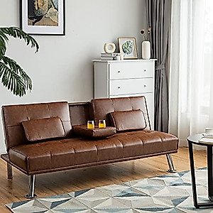POWERSTONE Leather Futon Sofa Bed Convertible Folding Couch for Living Room Sectional Sleeper Sofa for Small Space with Cup Holder and Removable Armrest Brown