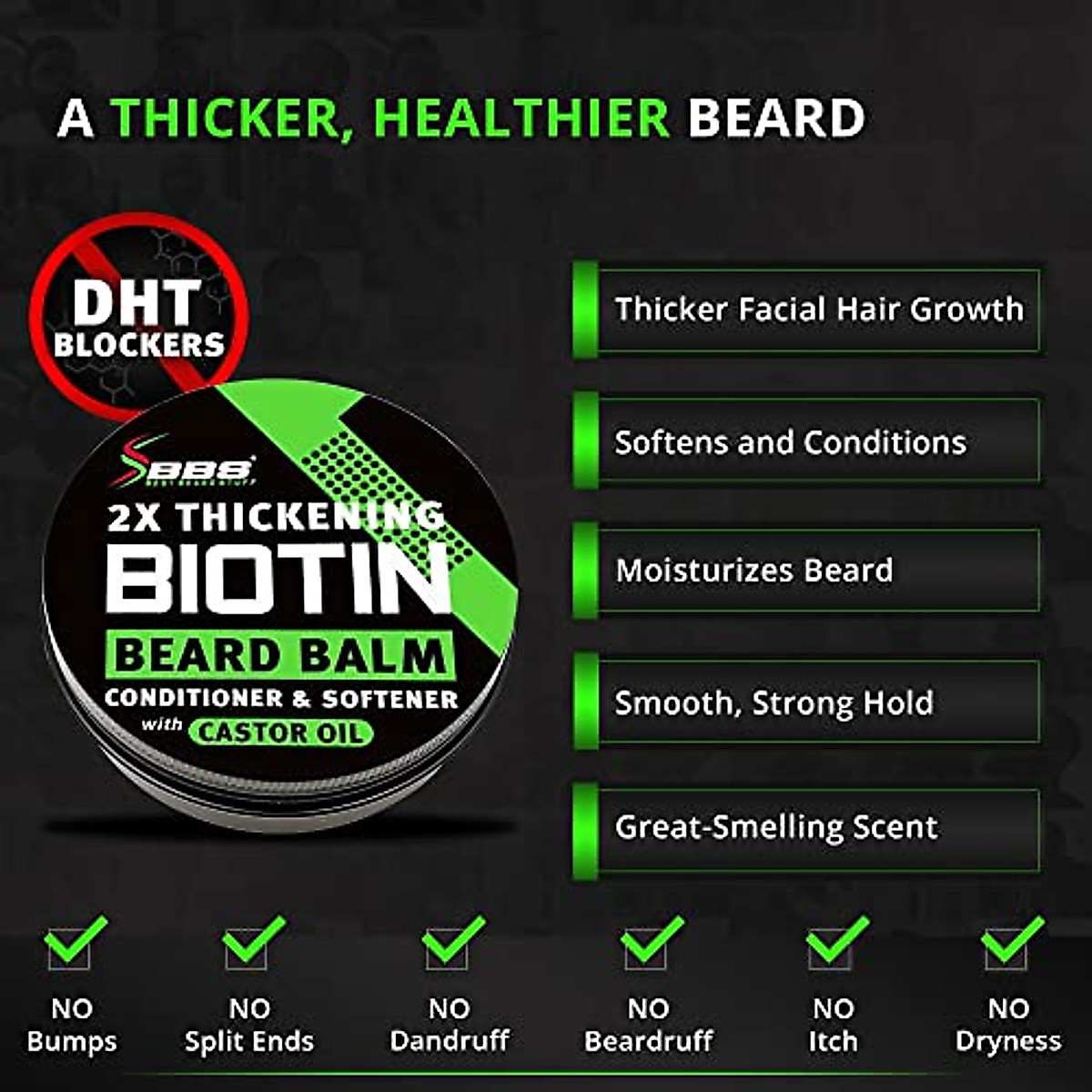 2X Thickening BIOTIN Beard Balm for Men / Mustache Wax for Thicker Facial Hair Growth - Leave in Conditioner - Softener - Moisturizer - All Natural Care Treatment - Castor Oil - BBS USA Vegan Product