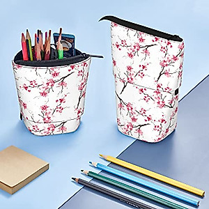 Arasrsey Pen Holder Pencil Telescopic Case Box, Cherry Blossom Spring Flowers, Stand up Pencil Bag with Zipper for School Office