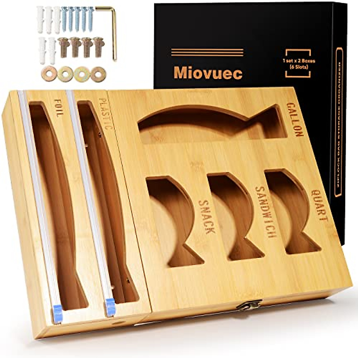 6 Slots Bamboo Wall mountable Ziplock Bag Storage Organizer and Foil & Plastic Wrap Dispenser with Cutter, for Kitchen Drawer, Counter Top, Pantry, Compatible with Gallon, Quart, Sandwich, Snack Bag