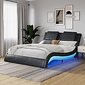 Upholstered Faux Leather Queen Size Bed Frame with LED Lighting,Bluetooth Connection and Backrest Vibration Massage , Queen Bed with Curve Design and Wood Slat Support for Teens Adults ,Black
