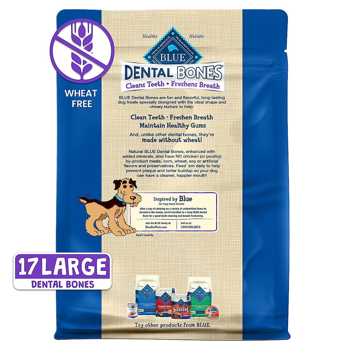 Blue Buffalo Dental Bones for Large Dogs 50 lbs. & Above, Daily Dental Dog Treats, Cleans Teeth & Freshens Breath, 27-oz. (17 Bones)