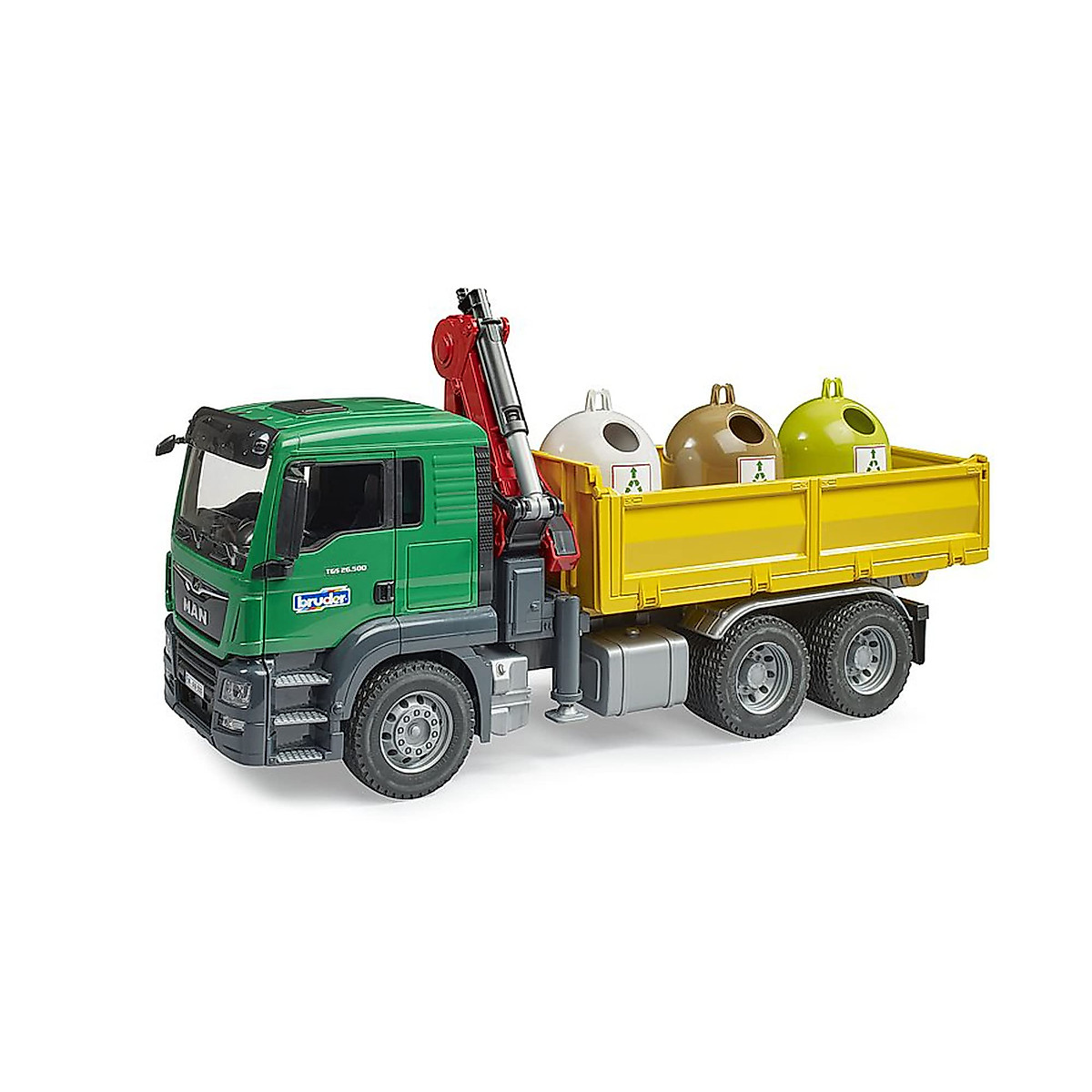 Bruder 03753 Man TGS Truck with Loading Crane, 3 Recycling Containers and Bottles