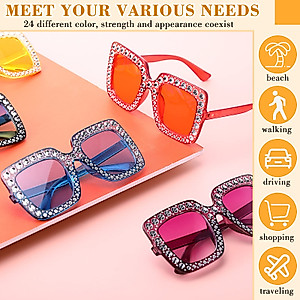 Chuangdi 24 Pairs Women Disco 70s Rhinestone Crystal Sunglasses Bulk 5.7 x 1.8 Large Square Sparkling Sunglasses Thick Frame Diamond Bling Bling Shape Sequins Glass Colorful Retro Party Supplies