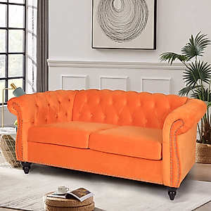 RARZOE Traditional Chesterfield Loveseat Sofa, Modern Vintage Chesterfield Button Tufted Velvet Couch with Nailhead Trim Scrolled Arms for Living Room Bedroom Office(Orange)
