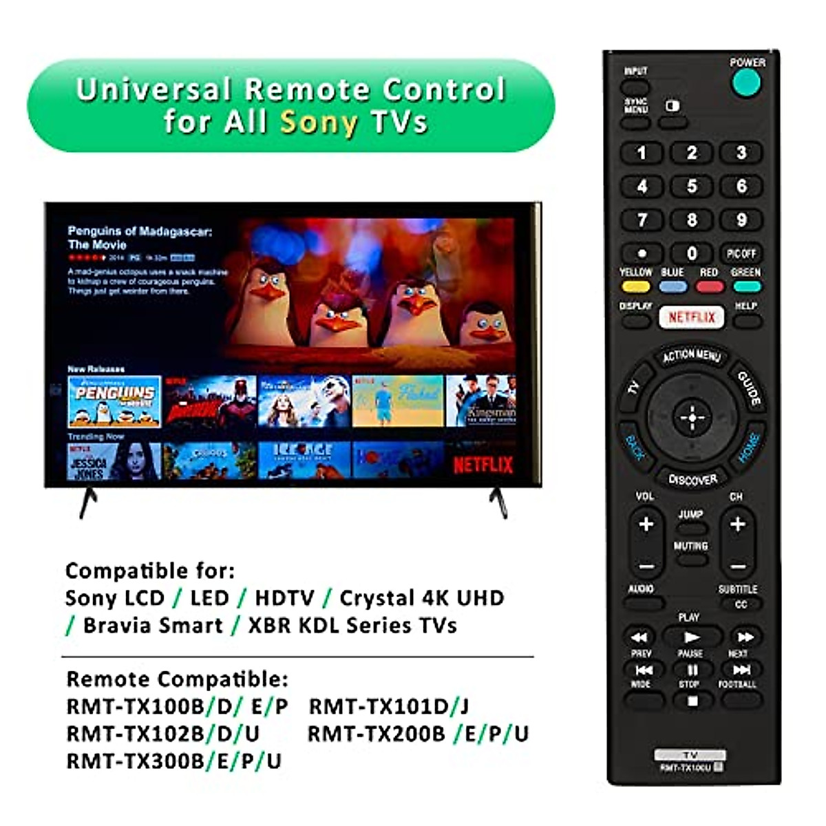 Newest Universal Sony Smart TV Remote Control RMT-TX100U for All Sony TV and Bravia TV Replacement Remote Control for All Sony LCD LED 2K 4K UHD and Bravia TVs with Netflix Button