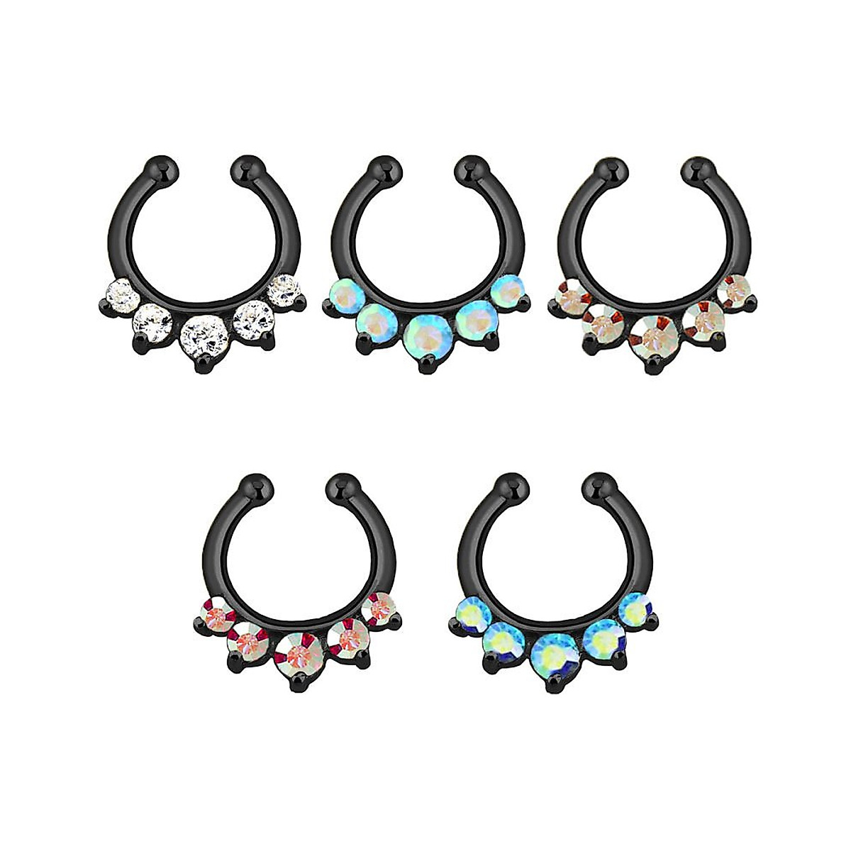 Fake Septum Clicker Clip On Non Piercing Nose Ring Hoop 5 Pack