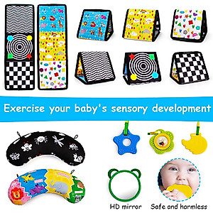 teytoy 3-in-1 Tummy Time Mat & Pillow & Mirror Black and White High Contrast Tummy Time Toys with 3 Teethers for Newborn Infant Baby Toys 0 3 6 9 12 Months Easter Gifts