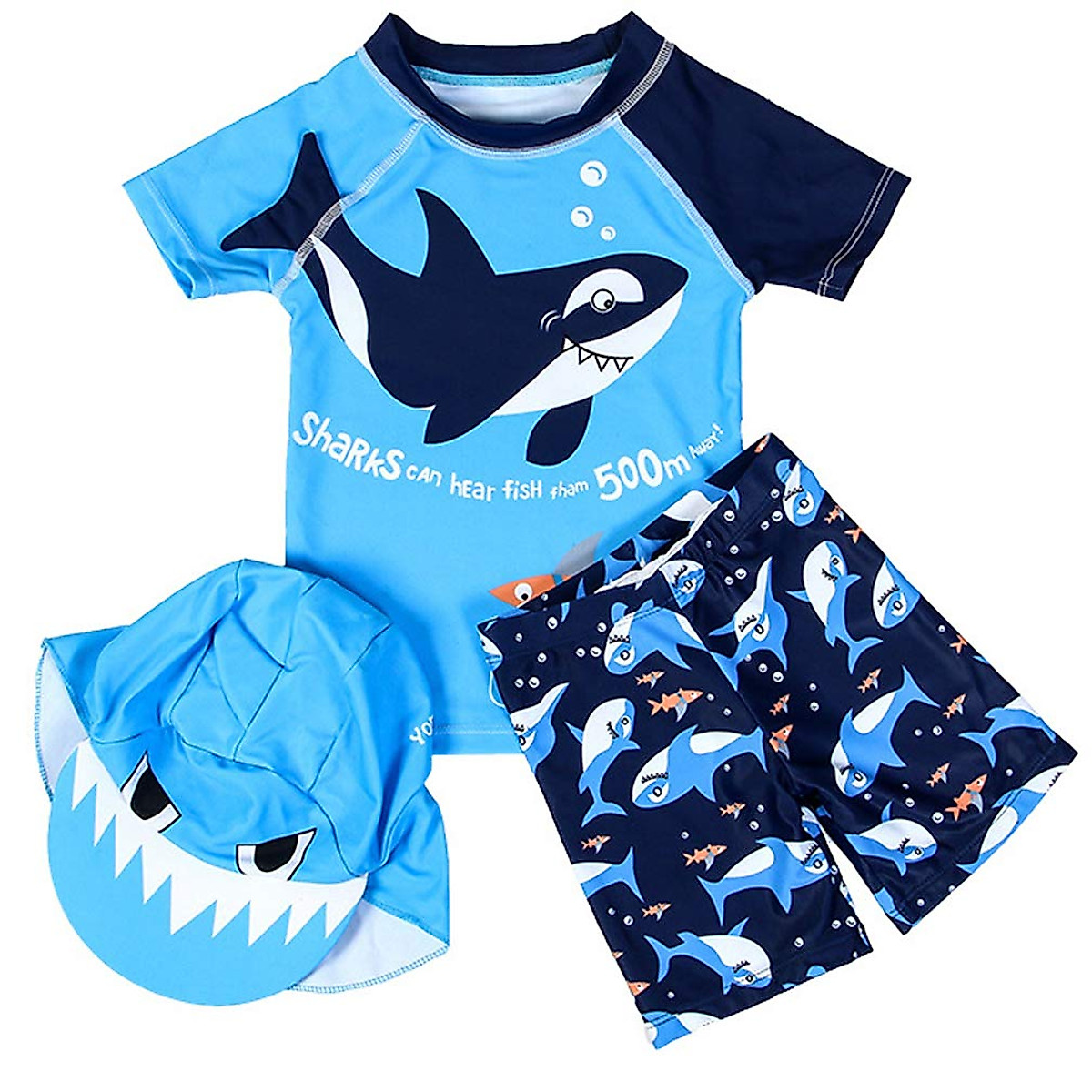 Baby Toddler Boys Two Pieces Swimsuit Set Swimwear Dinosaur Bathing Suit Rash Guards with Hat UPF 50+ (Shark, 6-9 Months)